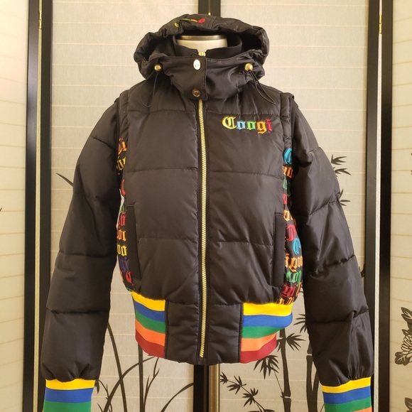 COOGI | Jackets & Coats | Coogi Rainbow Logo Black Convertible Puffer ...